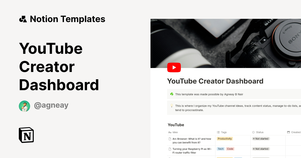 YouTube Creator Dashboard Template | Notion Marketplace
