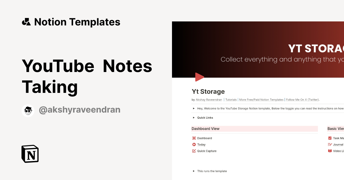 YouTube Notes Taking Template by Akshay Raveendran | Notion Marketplace