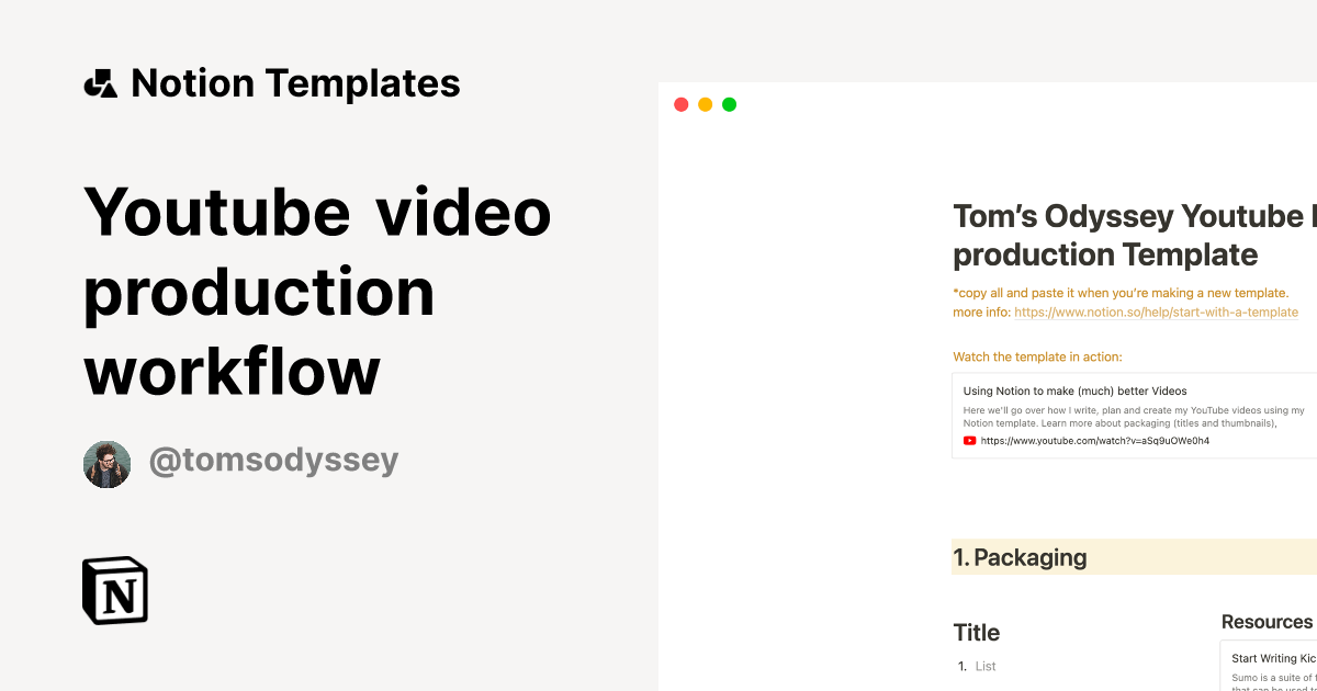 Youtube video production workflow Template by Tom's Odyssey | Notion Marketplace