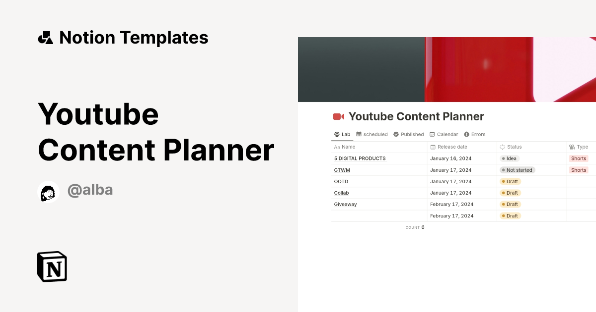 Youtube Content Planner Template | Notion Marketplace