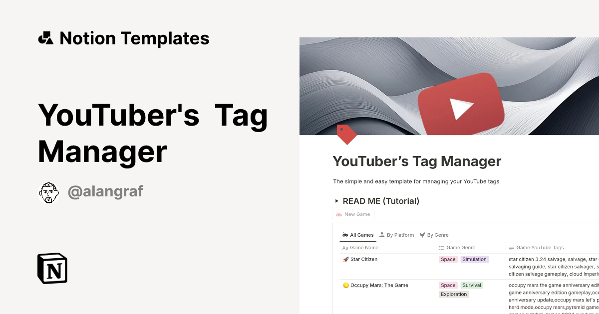 YouTuber's Tag Manager Template by Alan Graf | Notion Marketplace