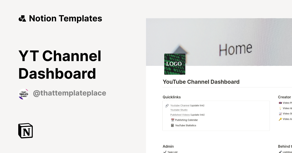 YT Channel Dashboard Template by ThatTemplatePlace | Notion Marketplace
