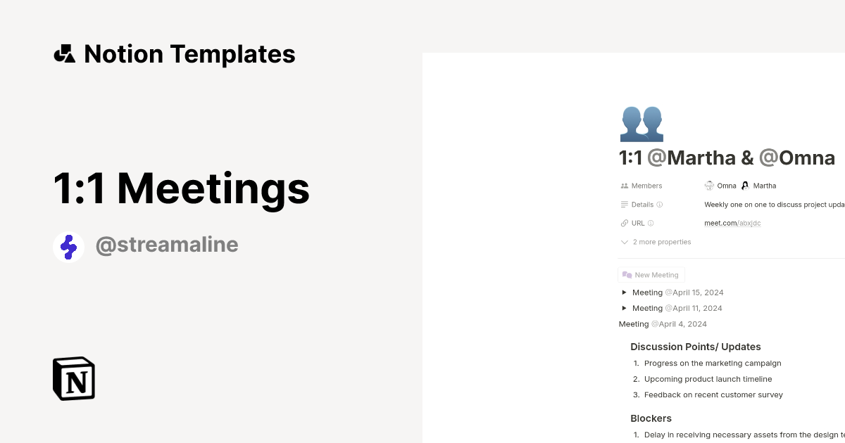 1:1 Meetings Template by Streamaline | Notion Marketplace