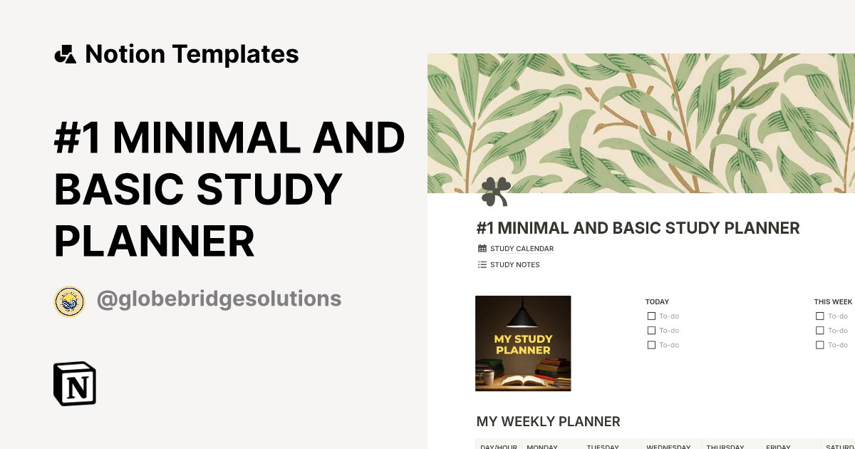 #1 MINIMAL AND BASIC STUDY PLANNER Template by GLOBE BRIDGE SOLUTIONS | Notion Marketplace