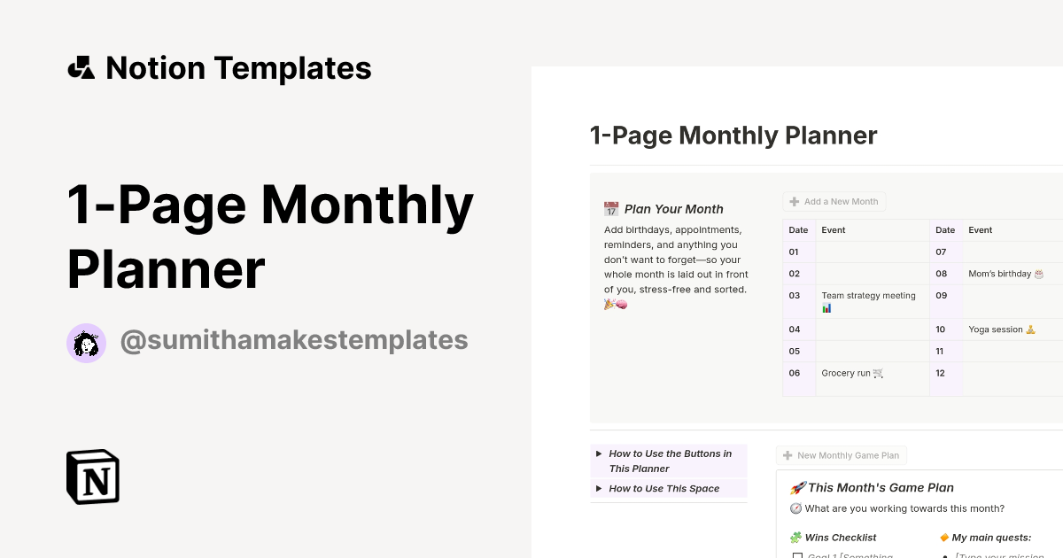 1-Page Monthly Planner Template by Sumitha makes Templates | Notion ...