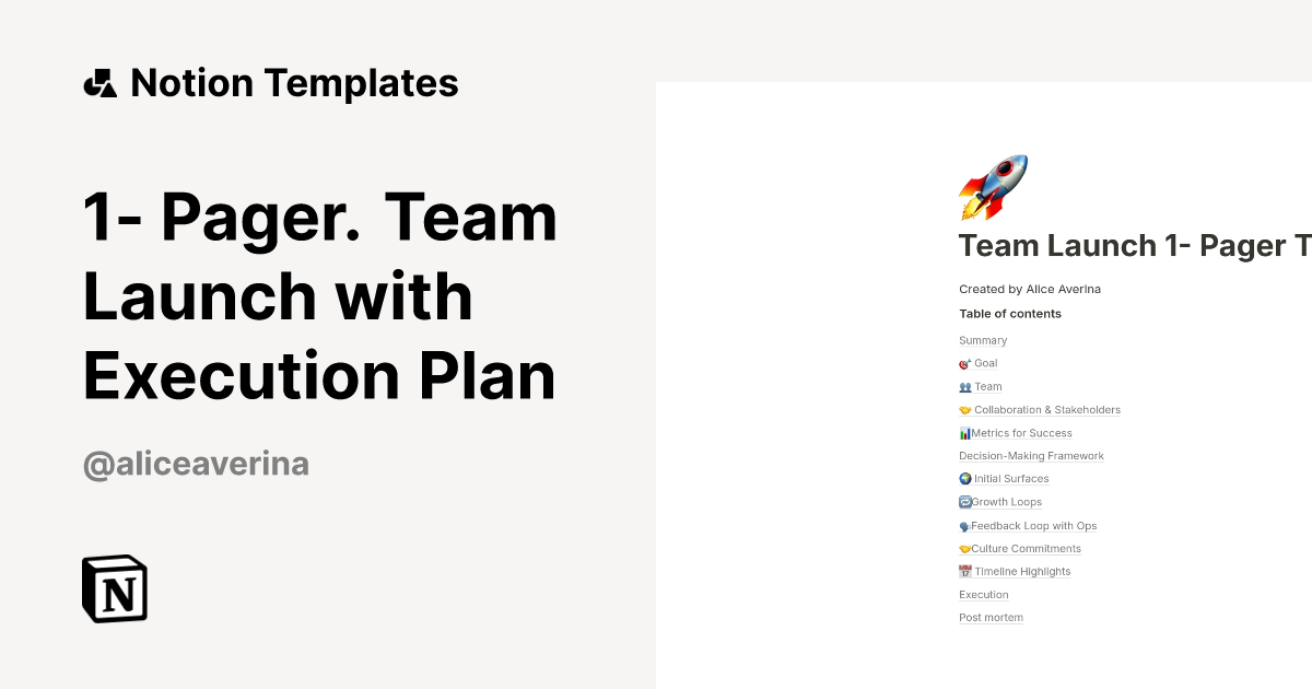 1- Pager. Team Launch with Execution Plan Template by Alice Averina ...