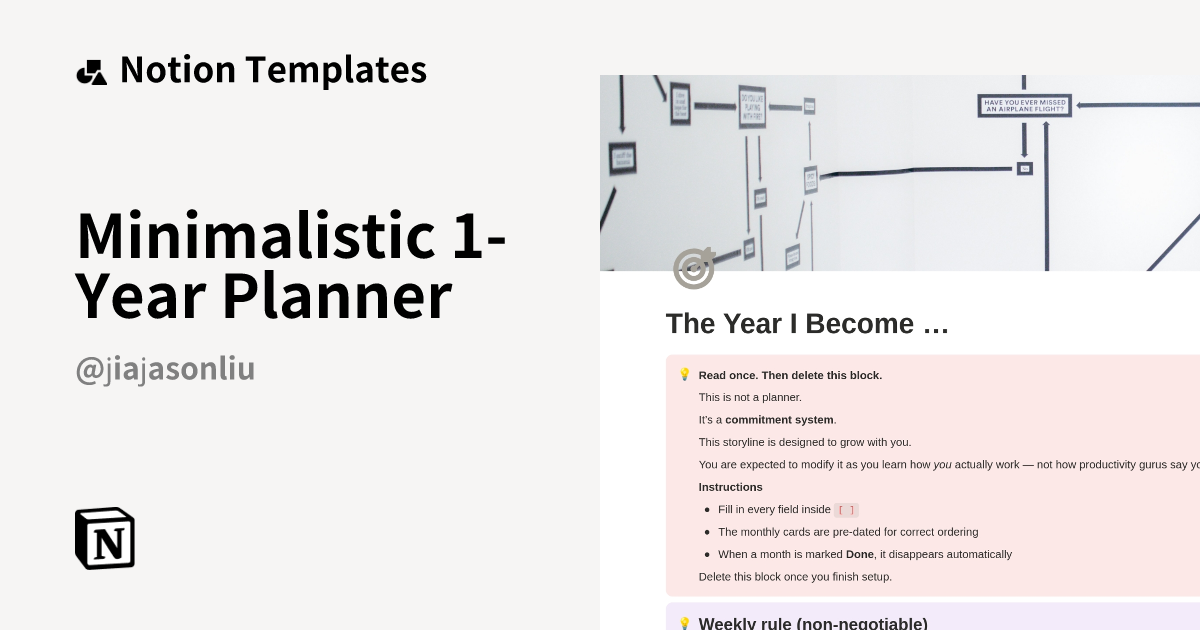 Minimalistic 1-Year Planner Template by JiaJason | Notion Marketplace