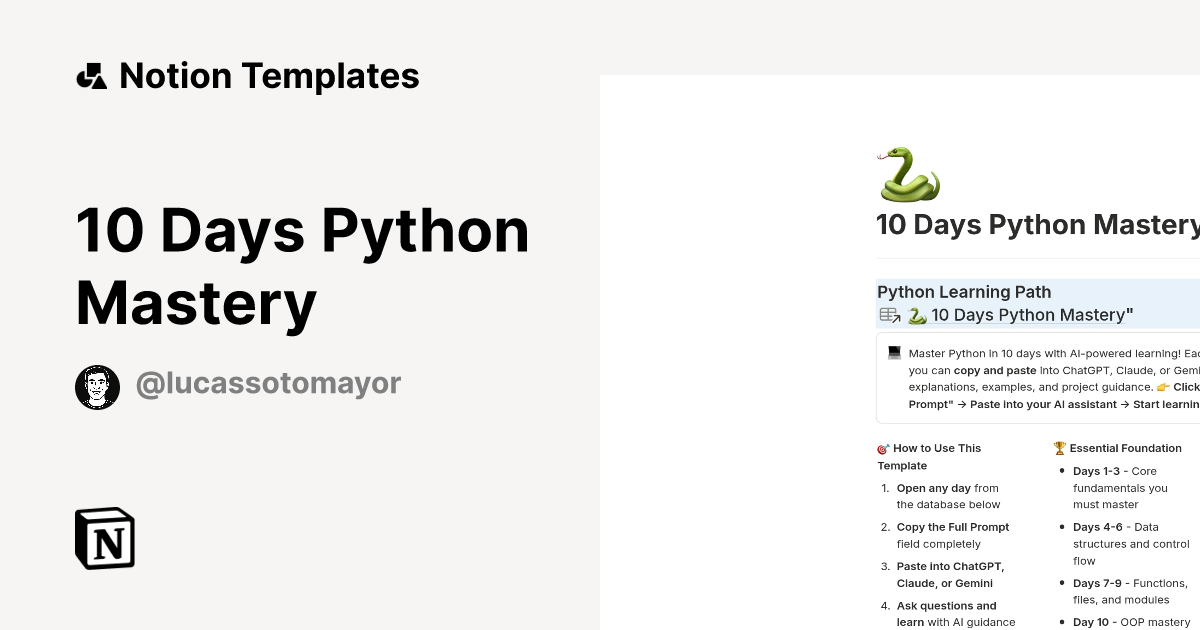 10 Days Python Mastery Template by Lucas Sotomayor | Notion Marketplace