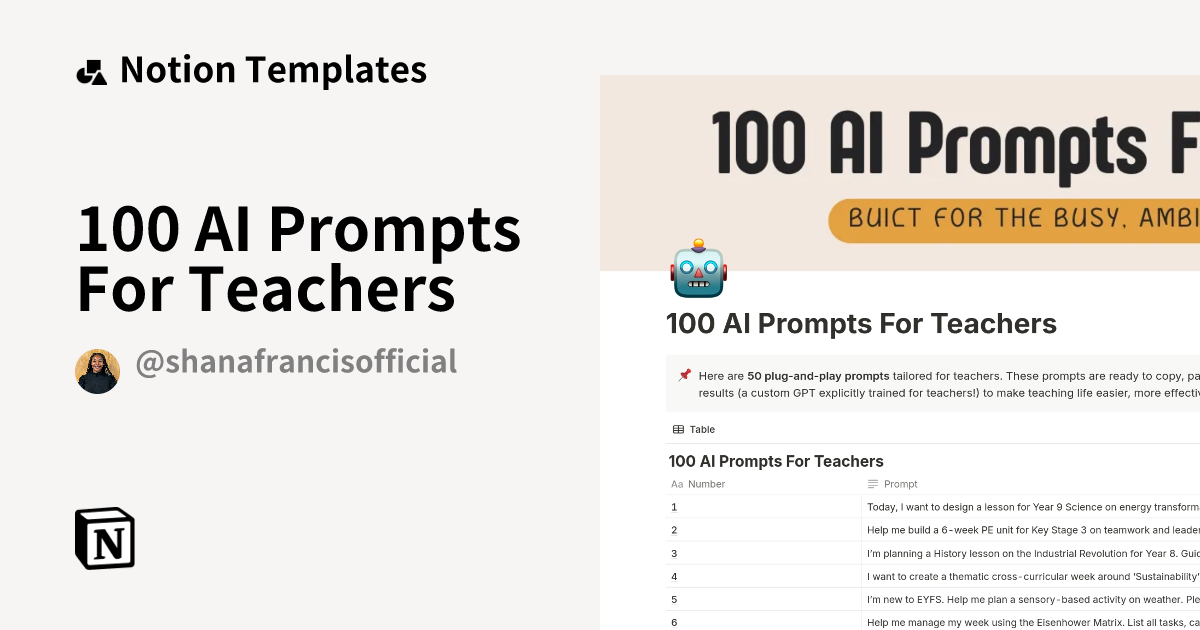 100 AI Prompts For Teachers Template | Notion Marketplace