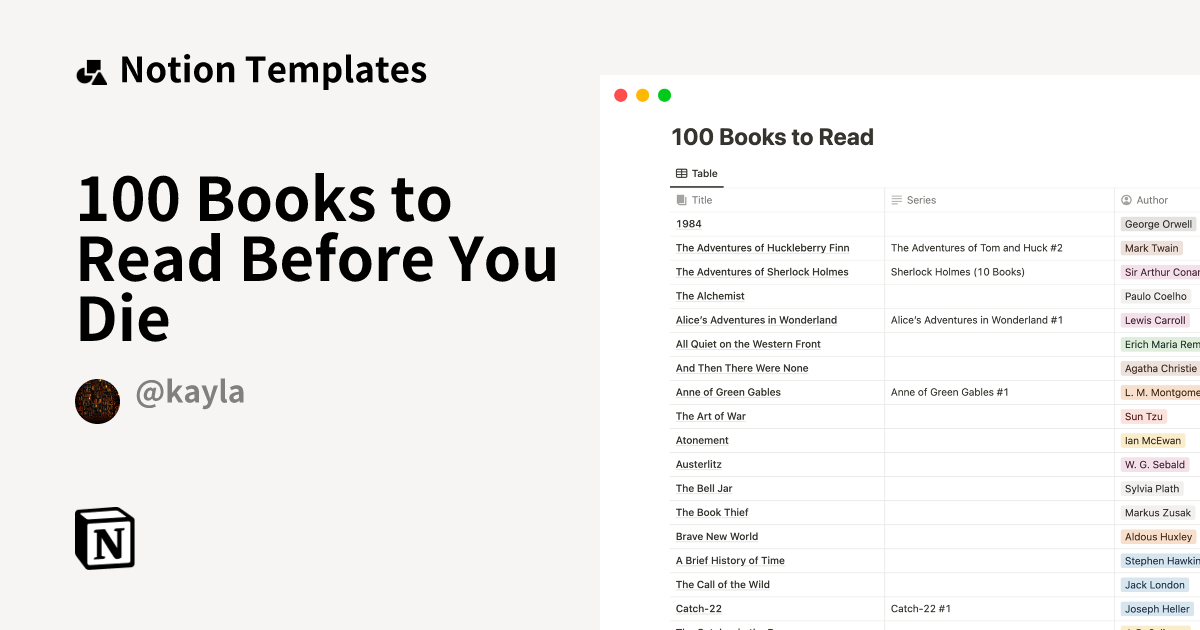 100 Books to Read Before You Die Template by Kayla | Notion Marketplace