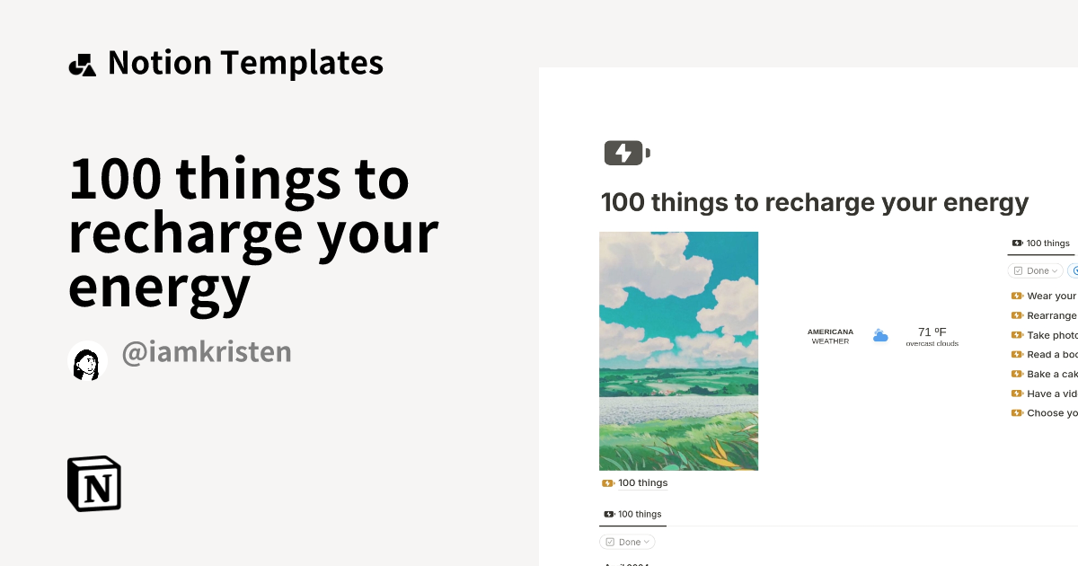 100 things to recharge your energy Template | Notion Marketplace