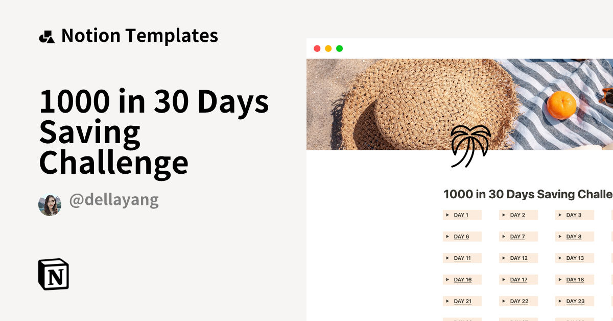1000 in 30 Days Saving Challenge Template by Della Yang | Notion ...