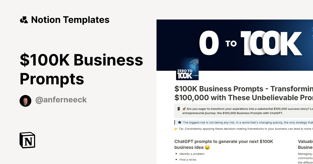 $100K Business Prompts Template by Anfernee | Notion Marketplace
