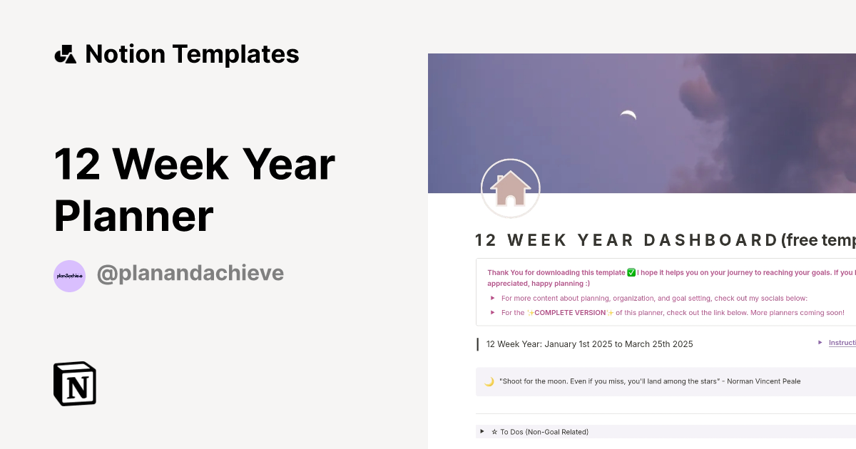 12 Week Year Planner Template by Plan and Achieve | Notion Marketplace