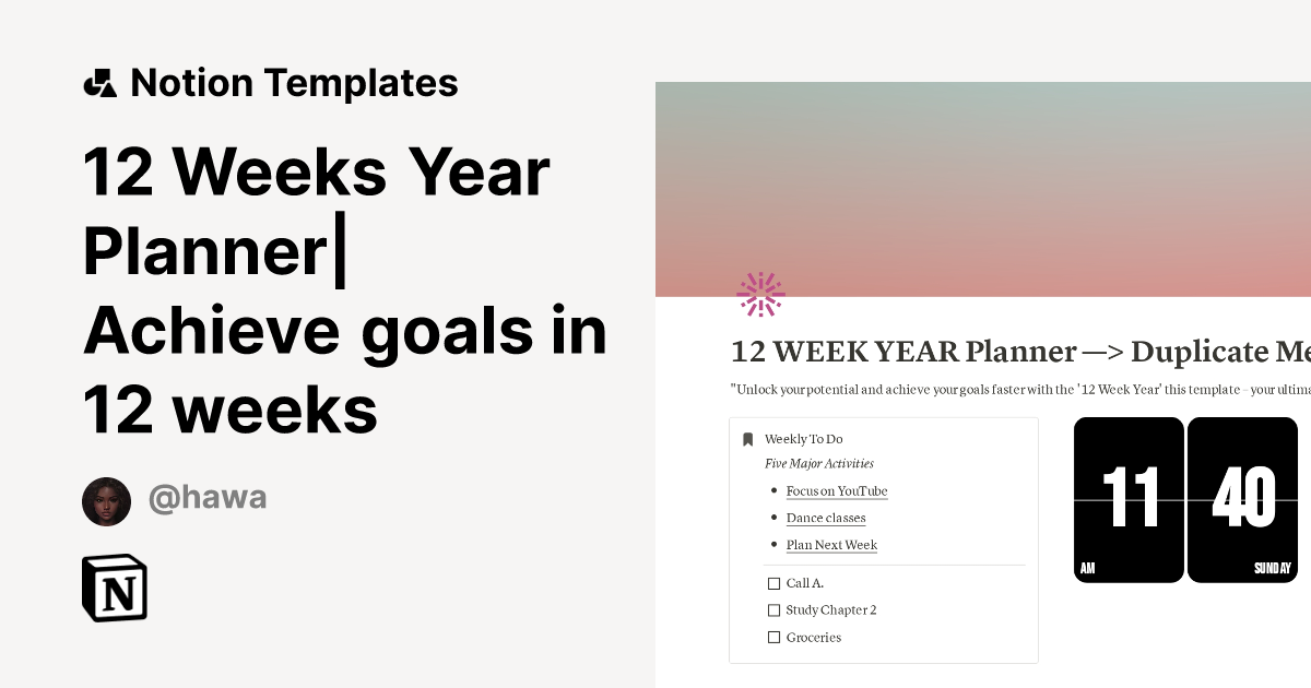 12 Weeks Year Planner| Achieve goals in 12 weeks Template by Hawa ...