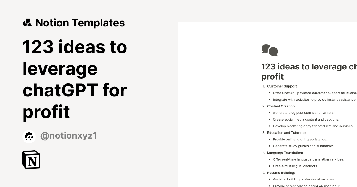 123 ideas to leverage chatGPT for profit Template | Notion Marketplace