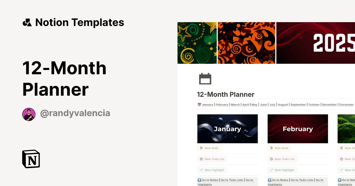 12-Month Planner Template by Randy Valencia | Notion Marketplace