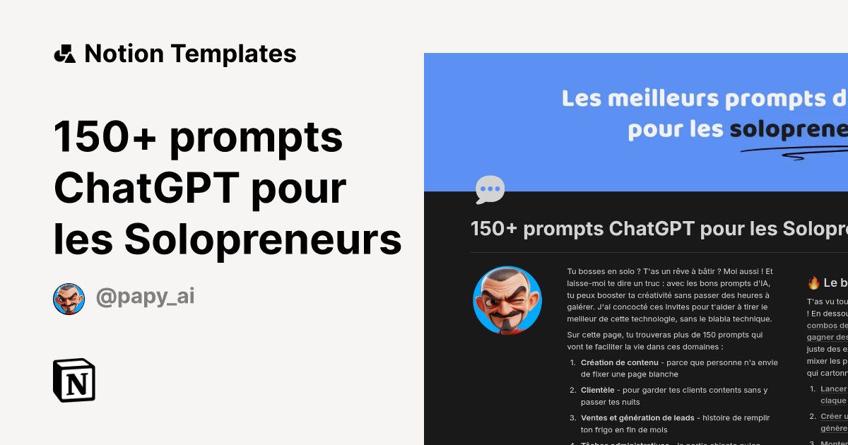 150+ prompts ChatGPT pour les Solopreneurs Template by Papy Ai | Notion Marketplace