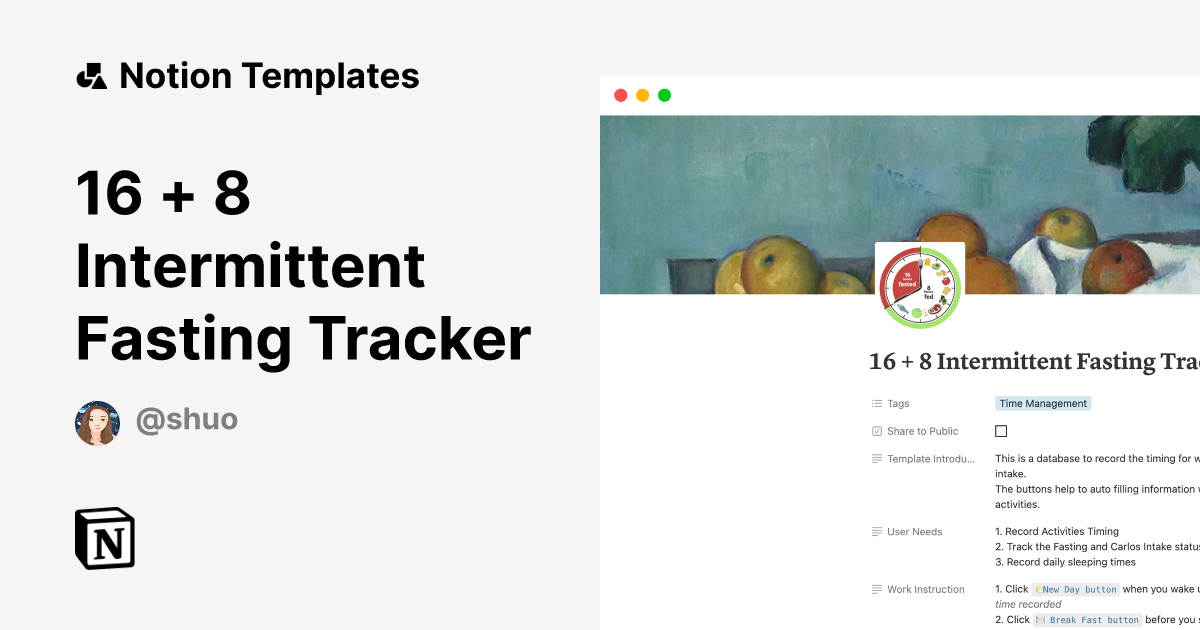 16 + 8 Intermittent Fasting Tracker Template | Notion Marketplace