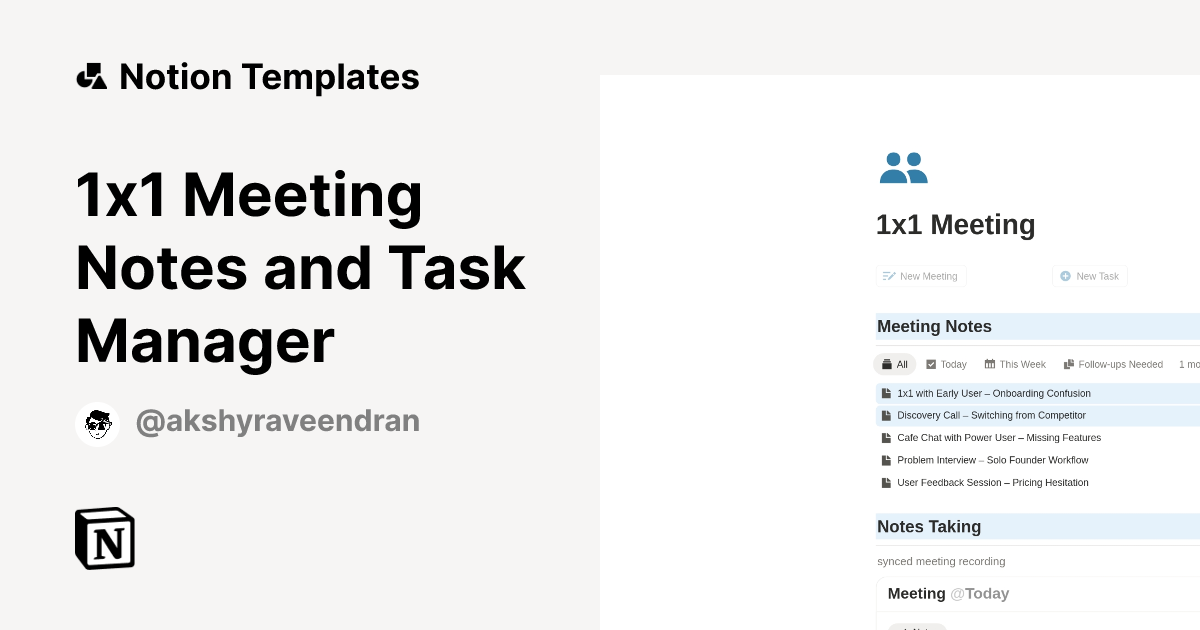 1x1 Meeting Notes and Task Manager Template | Notion Marketplace