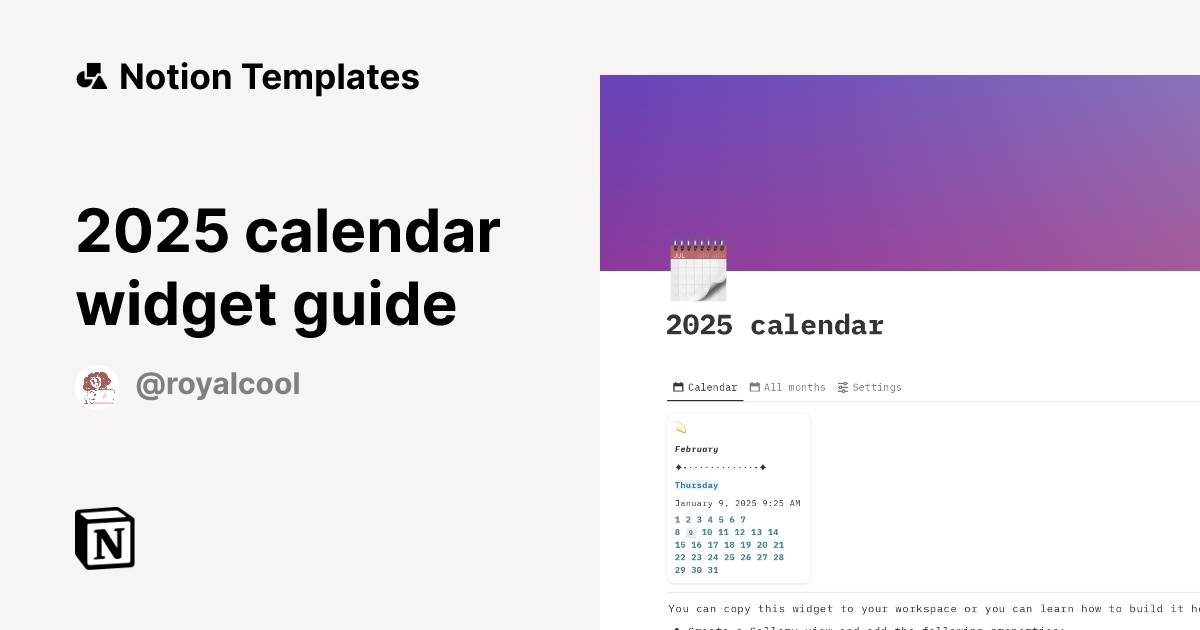 2025 calendar widget guide Template | Notion Marketplace