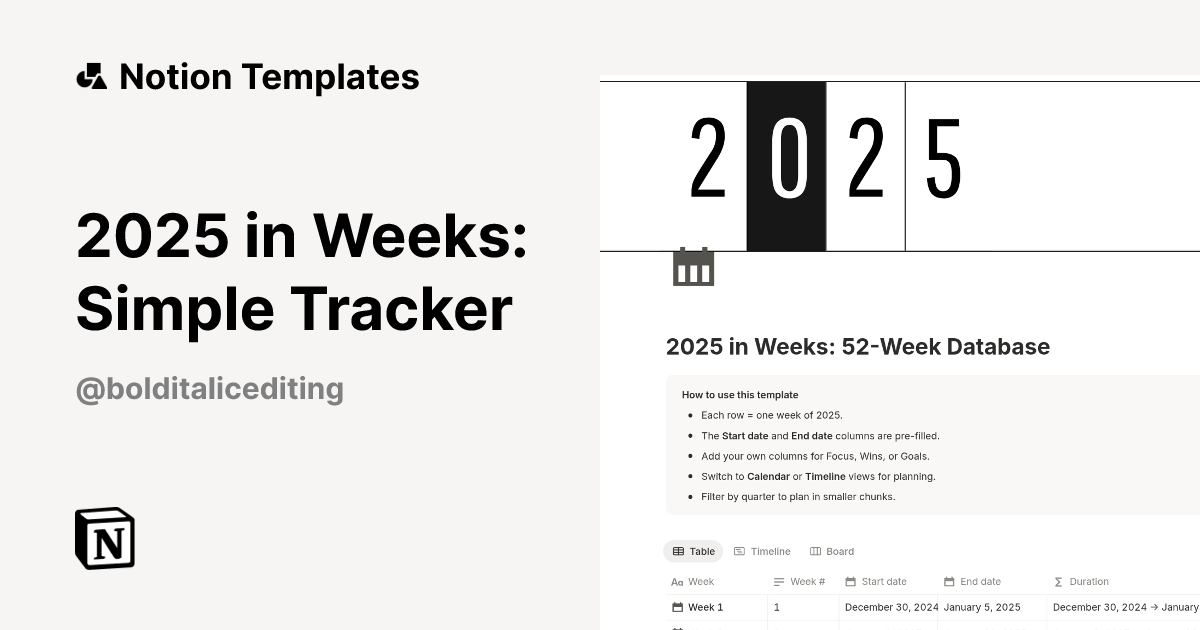 2025 in Weeks: Simple Tracker Template | Notion Marketplace