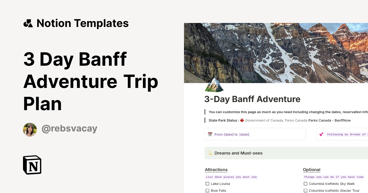3 Day Banff Adventure Trip Plan Template by Reb | Notion Marketplace