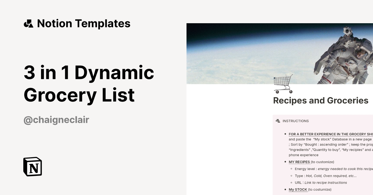 3 in 1 Dynamic Grocery List Template by Chaigne Clair | Notion Marketplace