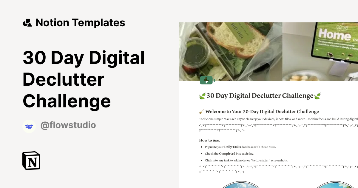 30 Day Digital Declutter Challenge Template by flowstudio | Notion Marketplace