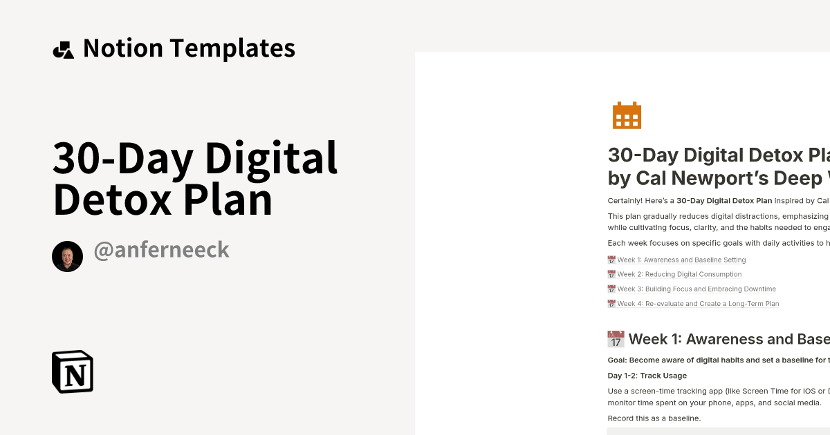 30-Day Digital Detox Plan Template | Notion Marketplace
