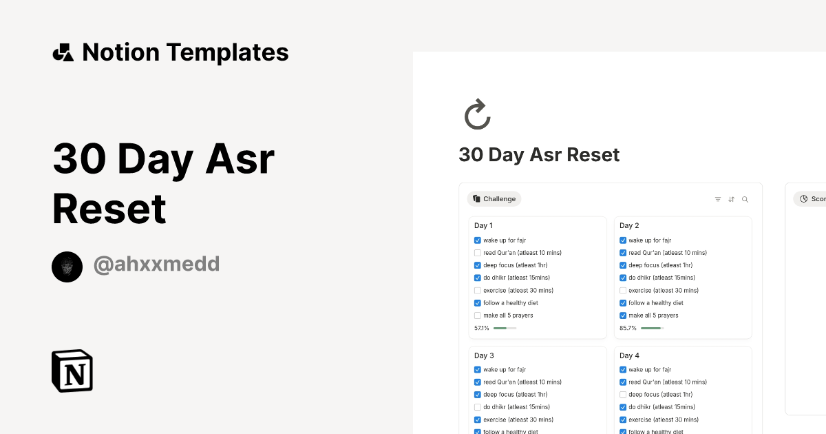 30 Day Asr Reset Template by Ahmed | Notion Marketplace