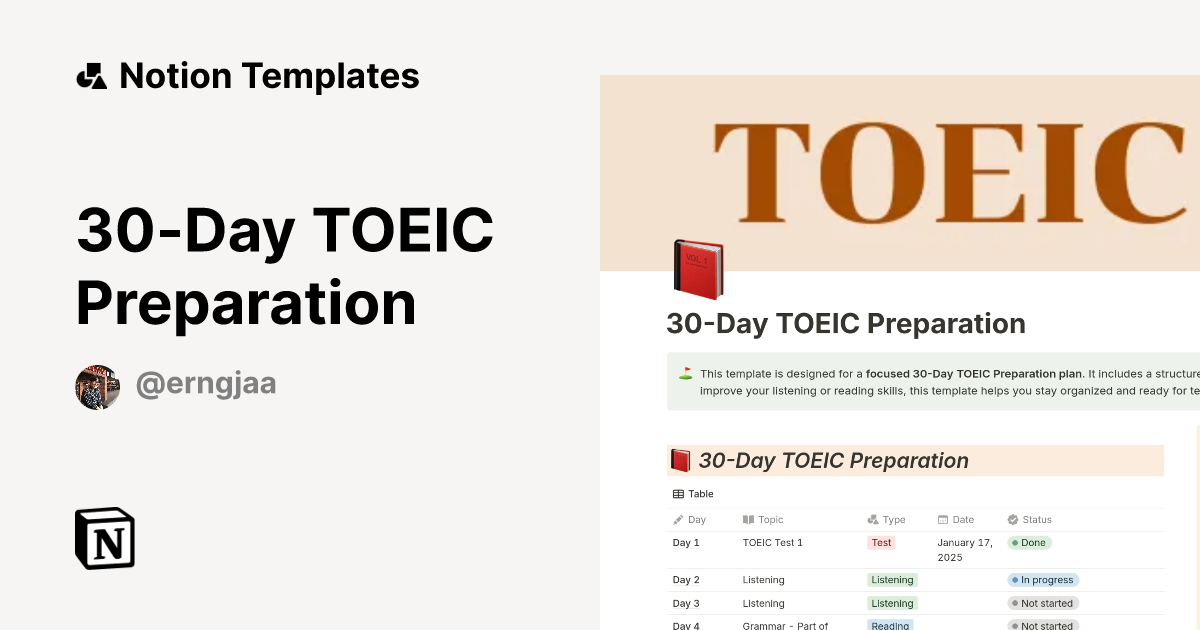 30-Day TOEIC Preparation Template by erngjaa | Notion Marketplace