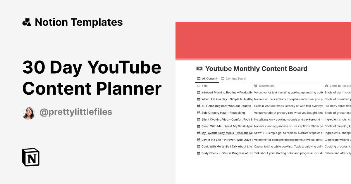 30 Day YouTube Content Planner Template | Notion Marketplace