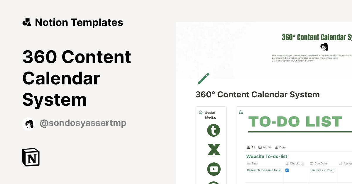 360 Content Calendar System Template by Sondos Yasser | Notion Marketplace