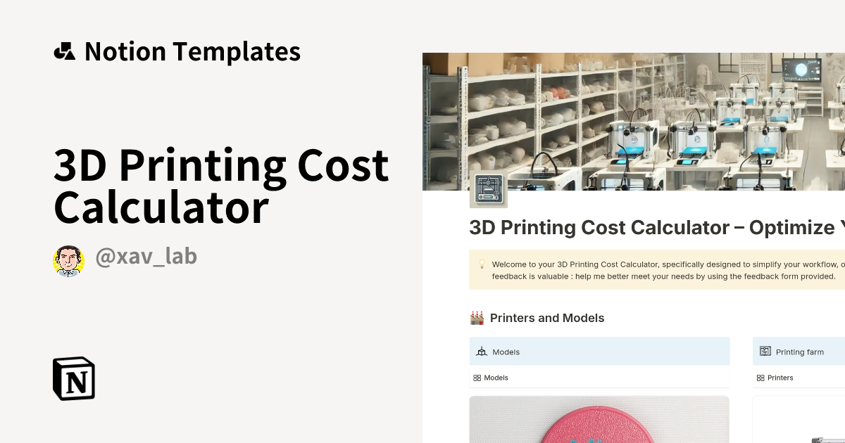 3D Printing Cost Calculator Template | Notion Marketplace