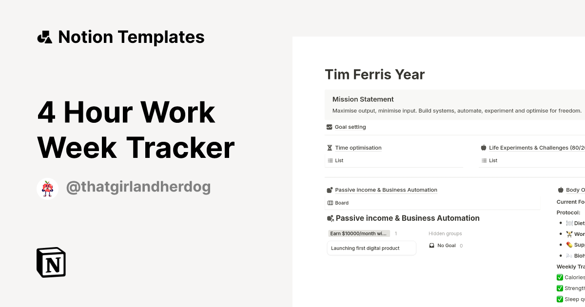 4 Hour Work Week Tracker Template by Vanessa | Notion Marketplace