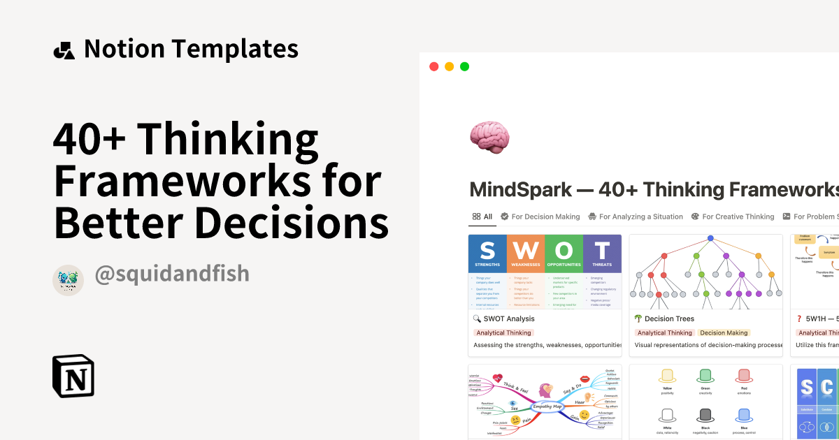 40+ Thinking Frameworks for Better Decisions Template by Squid & Fish | Notion Marketplace