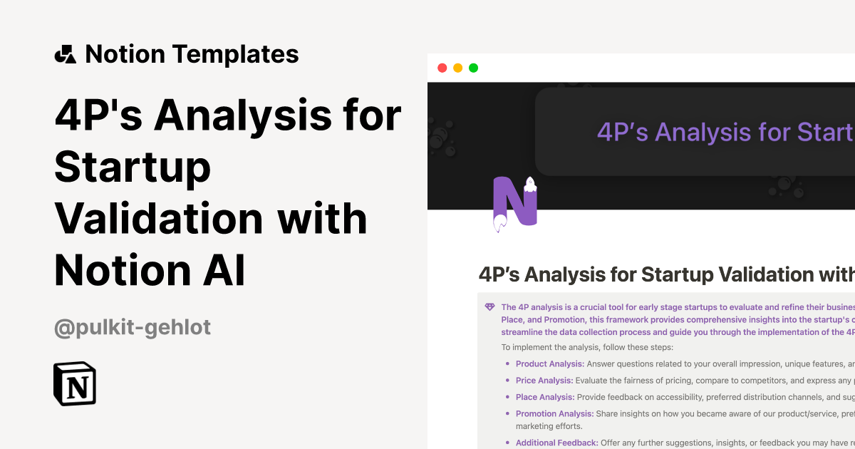 4P's Analysis for Startup Validation with Notion AI Template by Pulkit Gehlot | Notion Marketplace