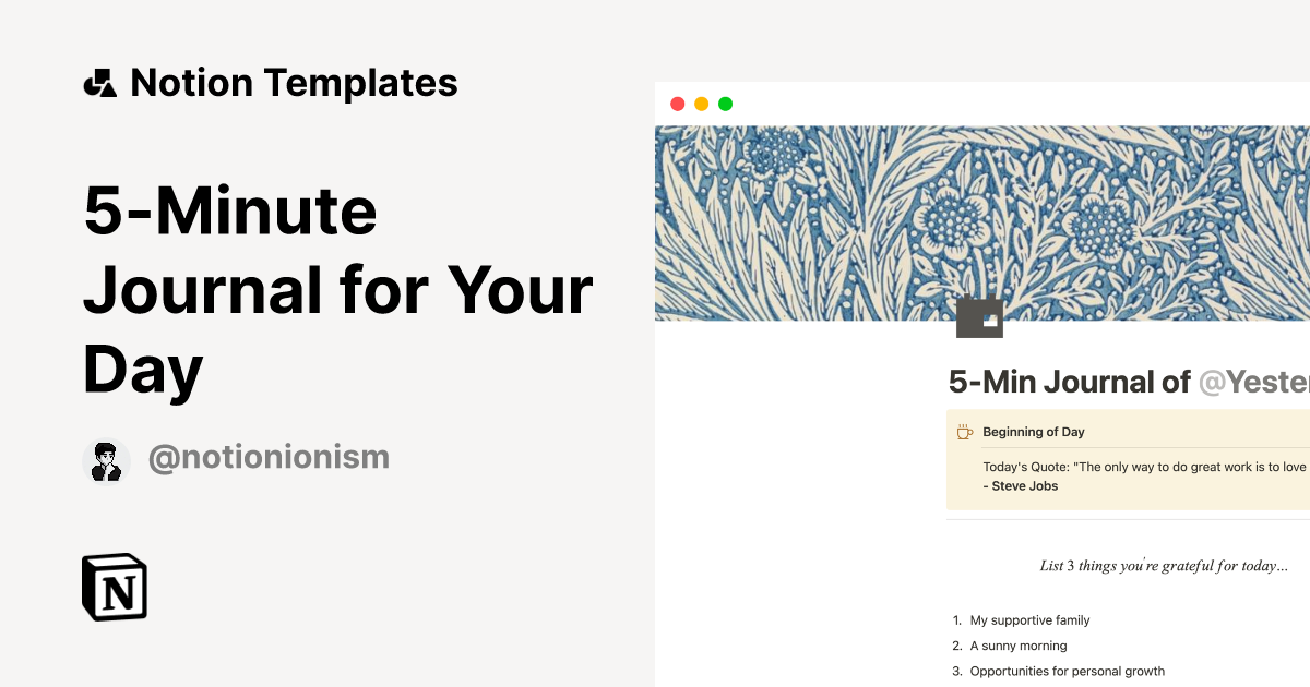 5-Minute Journal for Your Day Template by Notionionism | Notion Marketplace
