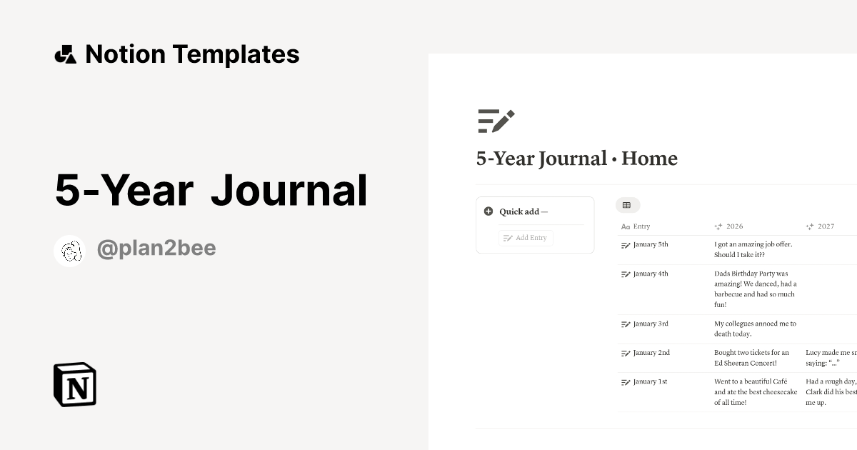 5-Year Journal Template by Plan2Be(e) | Notion Marketplace
