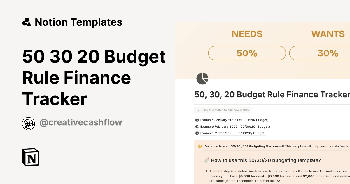 50 30 20 Budget Rule Finance Tracker Template | Notion Marketplace