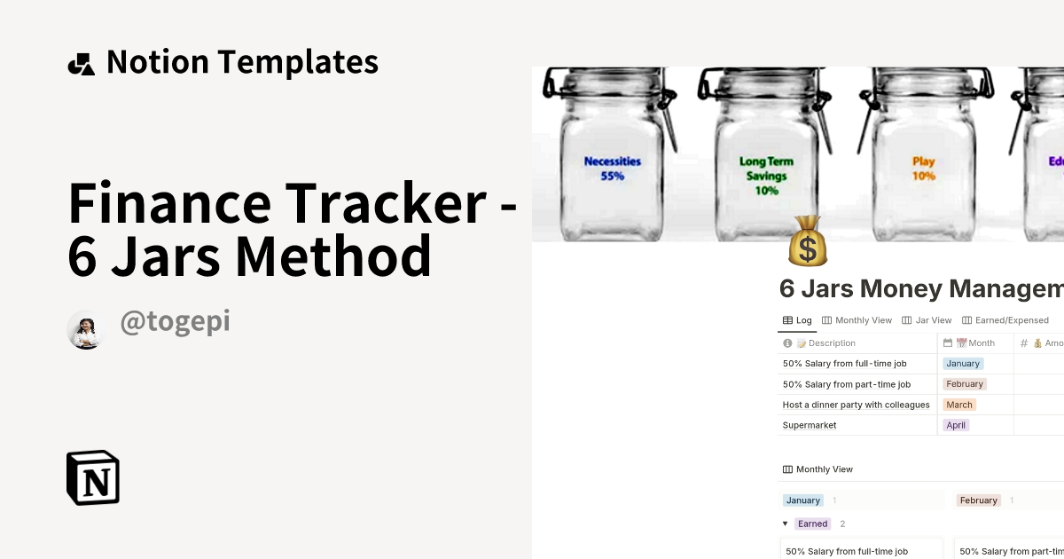 Finance Tracker - 6 Jars Method Template by TogepiLinhVuu | Notion ...