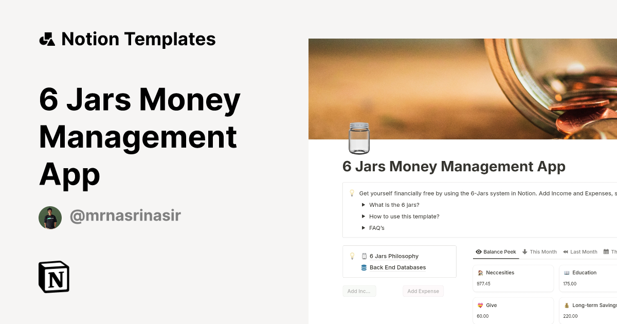 6 Jars Money Management App Template | Notion Marketplace