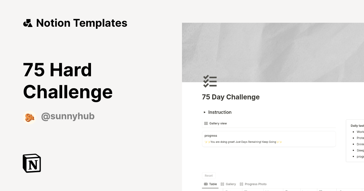 75 Hard Challenge Template by SunnyHub | Notion Marketplace