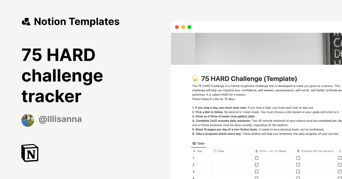 75 HARD challenge tracker Template by Lisanna S | Notion Marketplace
