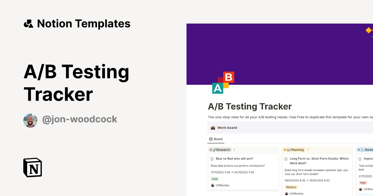 A/B Testing Tracker Template by Jon Woodcock | Notion Marketplace