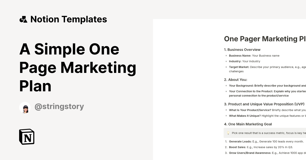 A Simple One Page Marketing Plan Template | Notion Marketplace