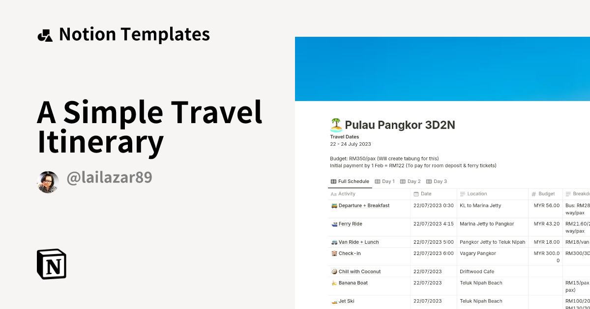 A Simple Travel Itinerary Template | Notion Marketplace