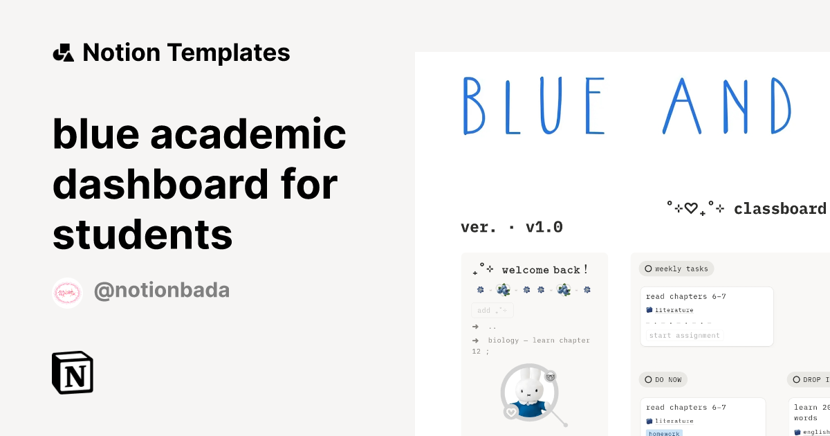 blue academic dashboard for students Template by BADA | Notion Marketplace