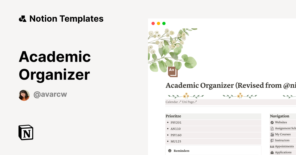 Academic Organizer Template by avarcw | Notion Marketplace